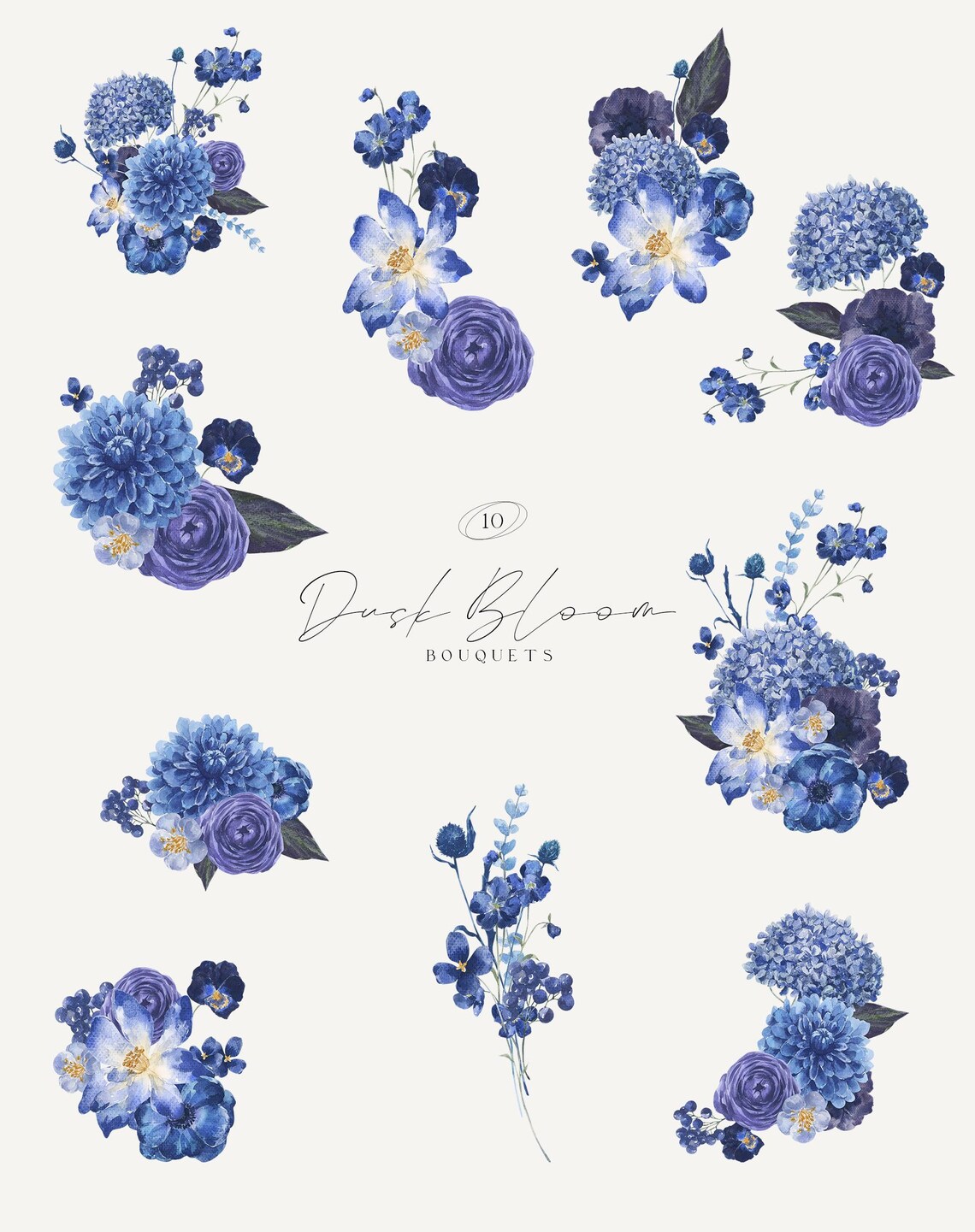 Watercolor Flowers Clipart Navy Blue Florals - Dusk Bloom Set – Floral ...