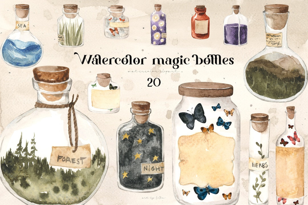 Watercolor Magic Bottles Clipart Halloween Illustrations Mountains Sea ...