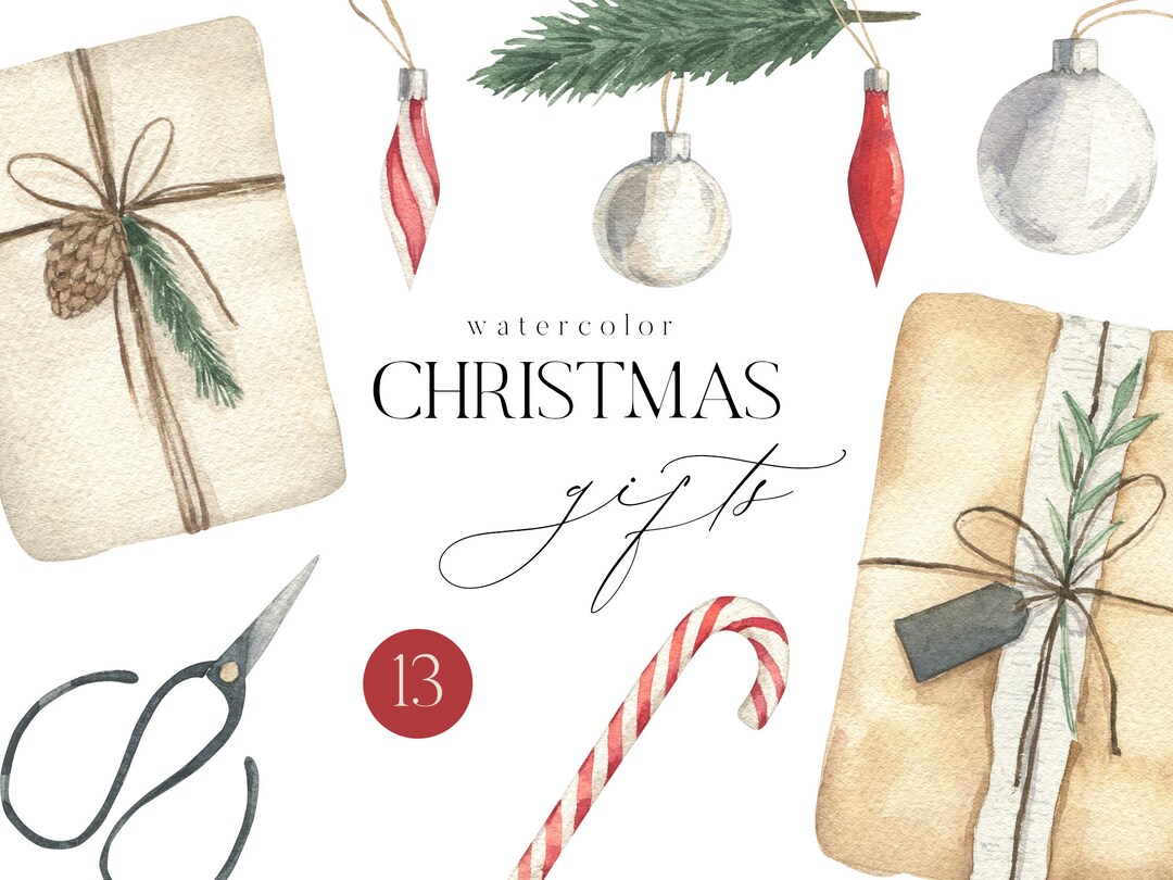 Watercolor Christmas Gift Box Clipart Winter Holiday Elements Gift ...