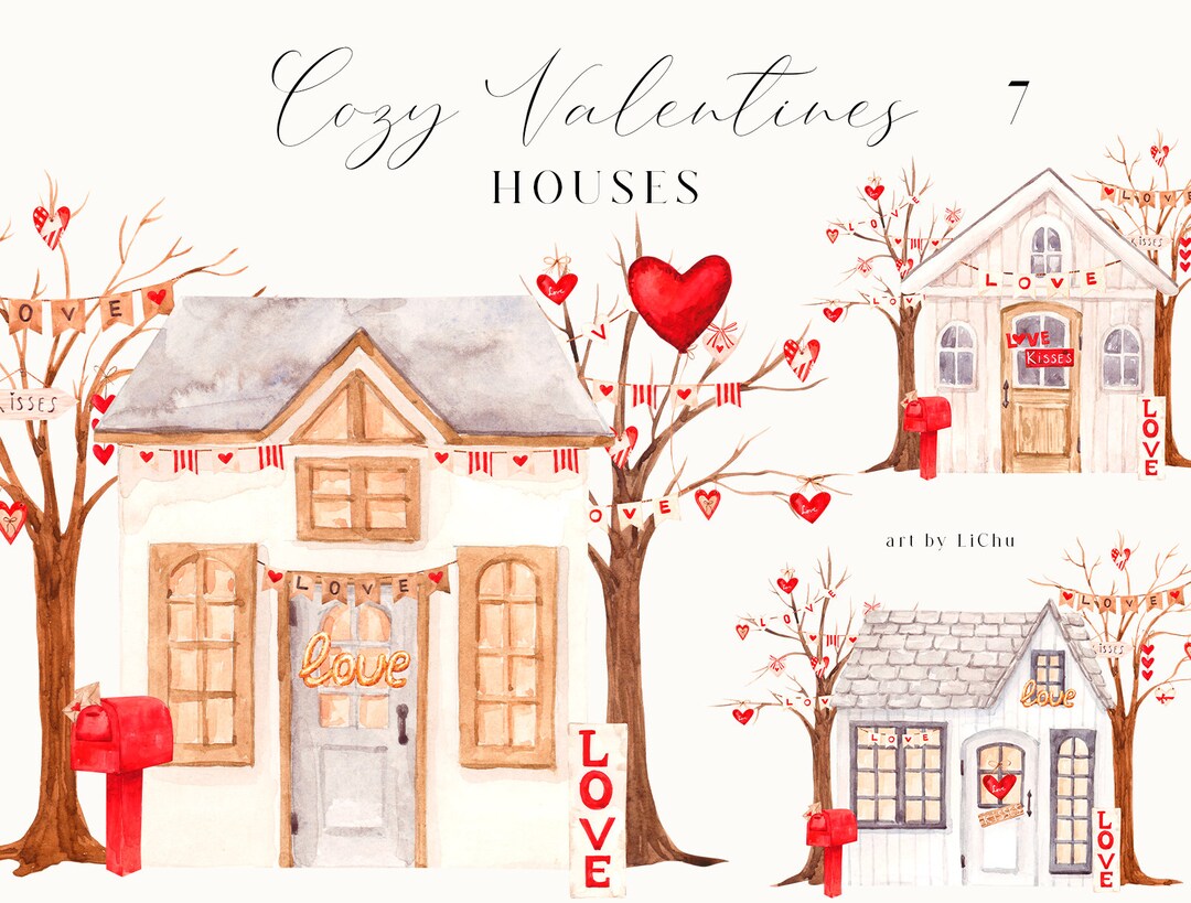 Watercolor Valentines Day House Clipart Cottages Logo Cute Housewarming ...