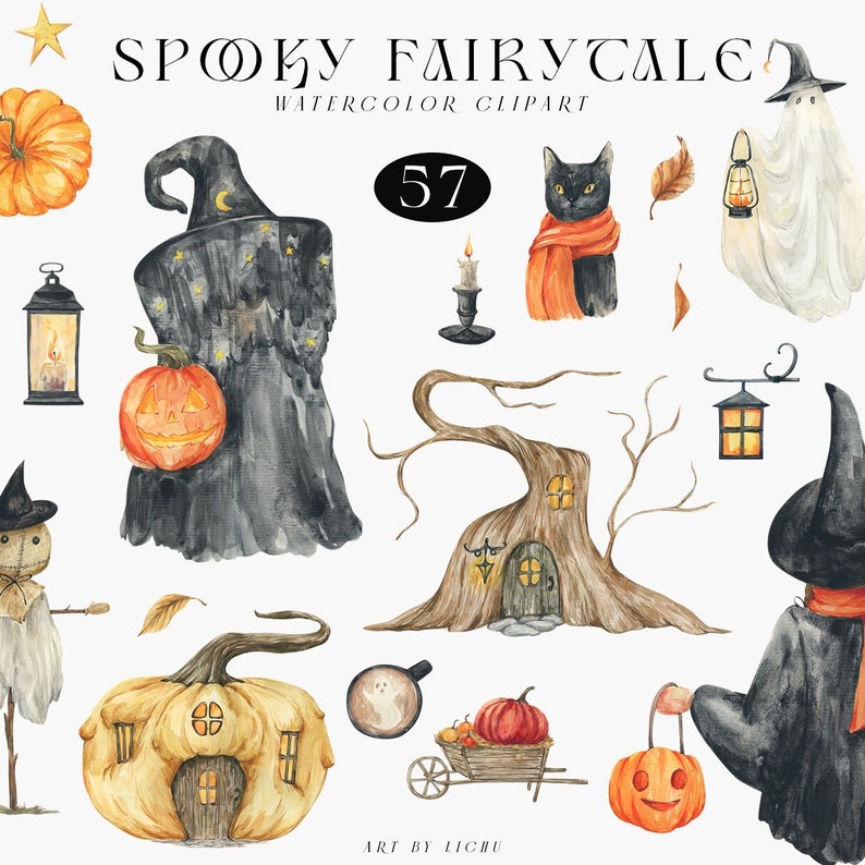 Halloween Clipart Watercolor Autumn Houses Pumpkin Cat Witch Portrait ...