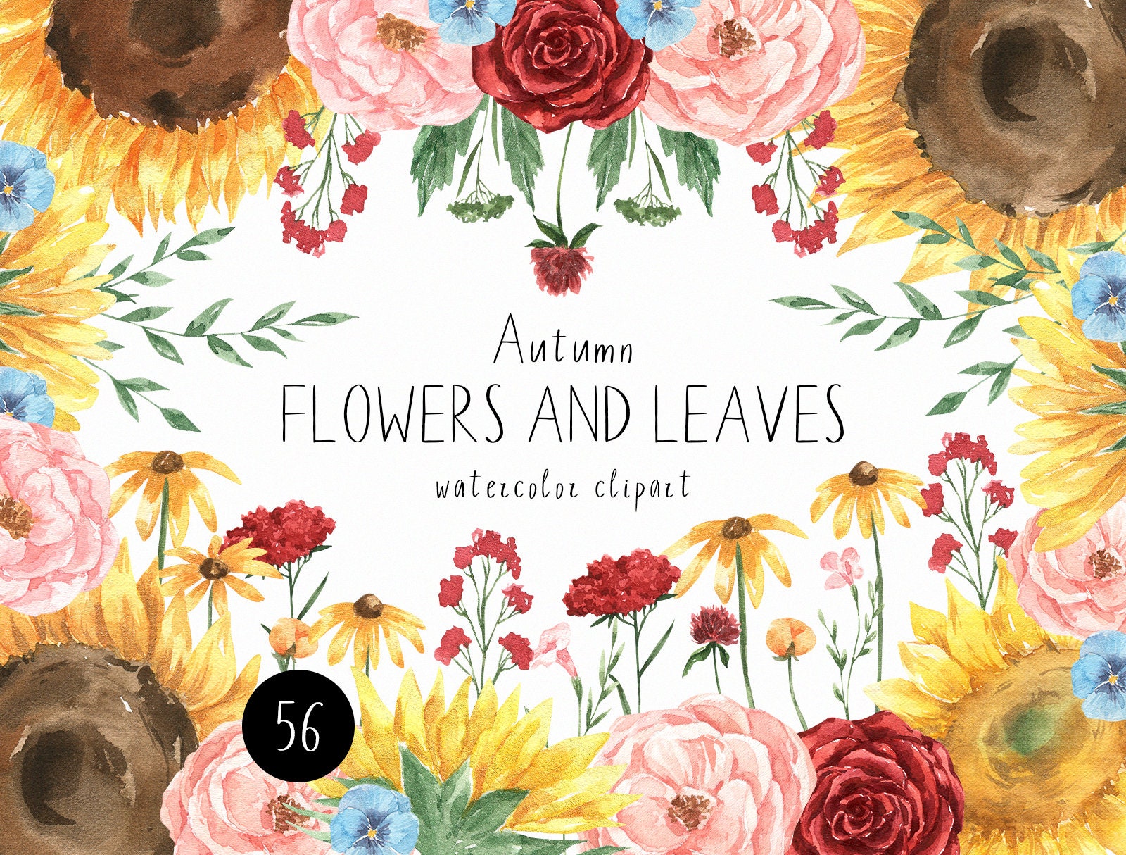 Watercolor Bright Flowers Clipart Fall Sunflowers Roses - Etsy