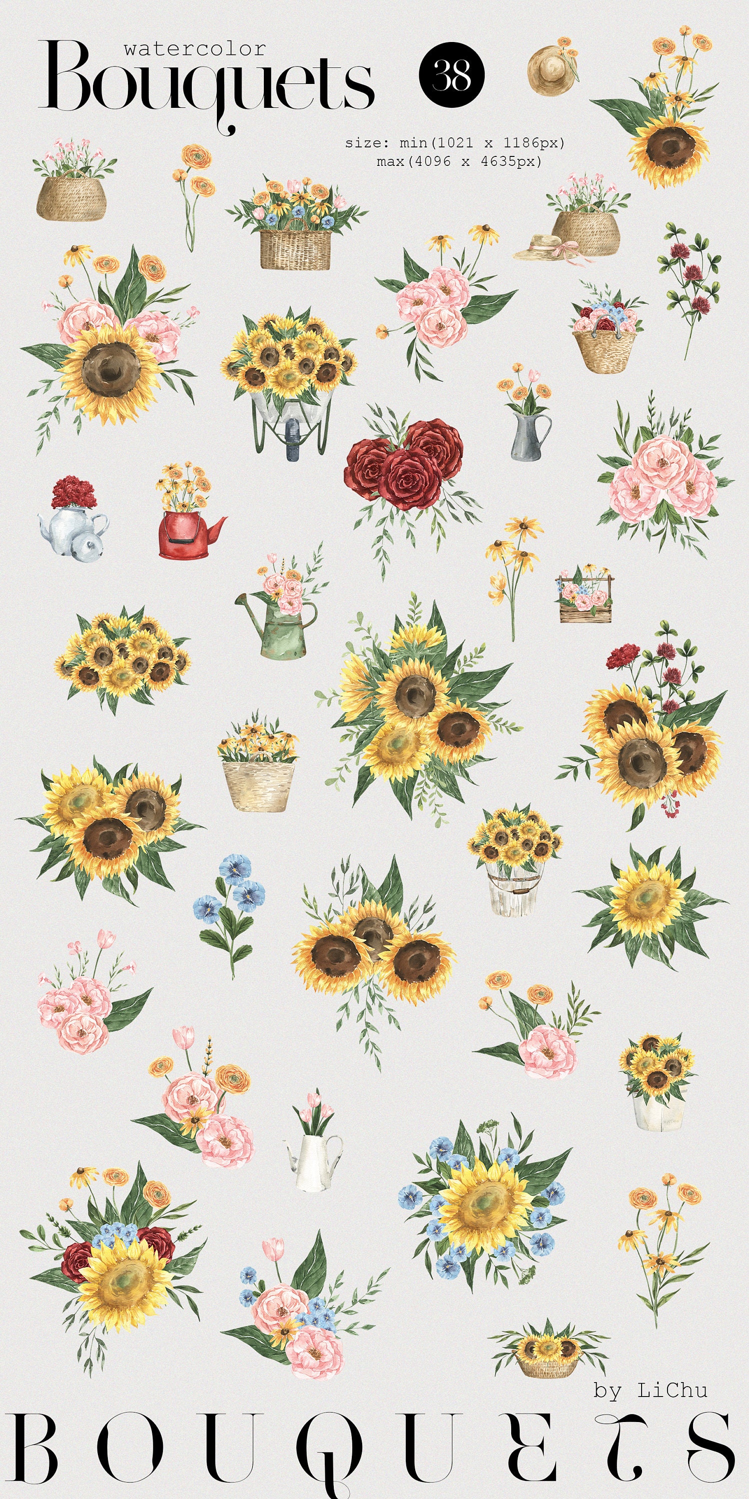 Watercolor Boho Floral Bouquets Sunflowers Roses Tulip - Etsy