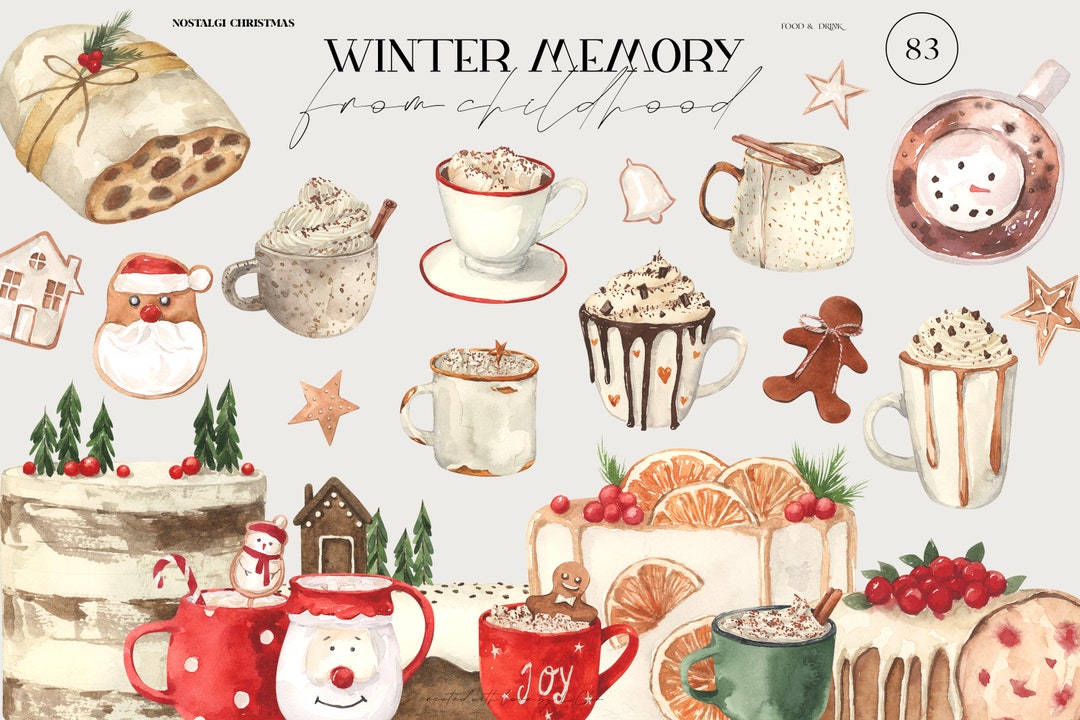 Watercolor Christmas Food Clipart Dessert Drink Cake Pie Gingerbread ...