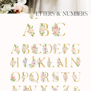 Alphabet Watercolor Floral Gold Typography Wedding Letters and Number ...