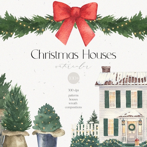 Watercolor Christmas Clipart Winter House Floral Wreath Home - Etsy