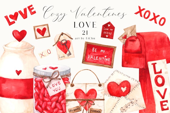Watercolor Love Clipart Heart Valentines Day Letter Red Mail | Etsy