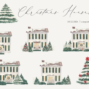 Winter Houses Christmas Watercolor Clipart Floral Wreath Christmas Tree ...