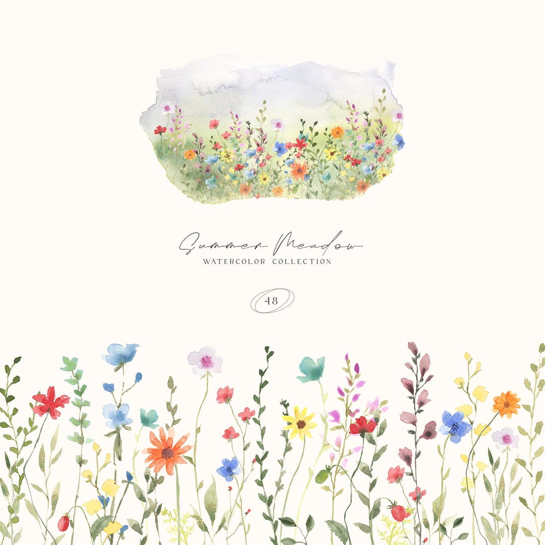 Summer Meadow Watercolor Clipart - Village Clipart - Wild Flowers ...