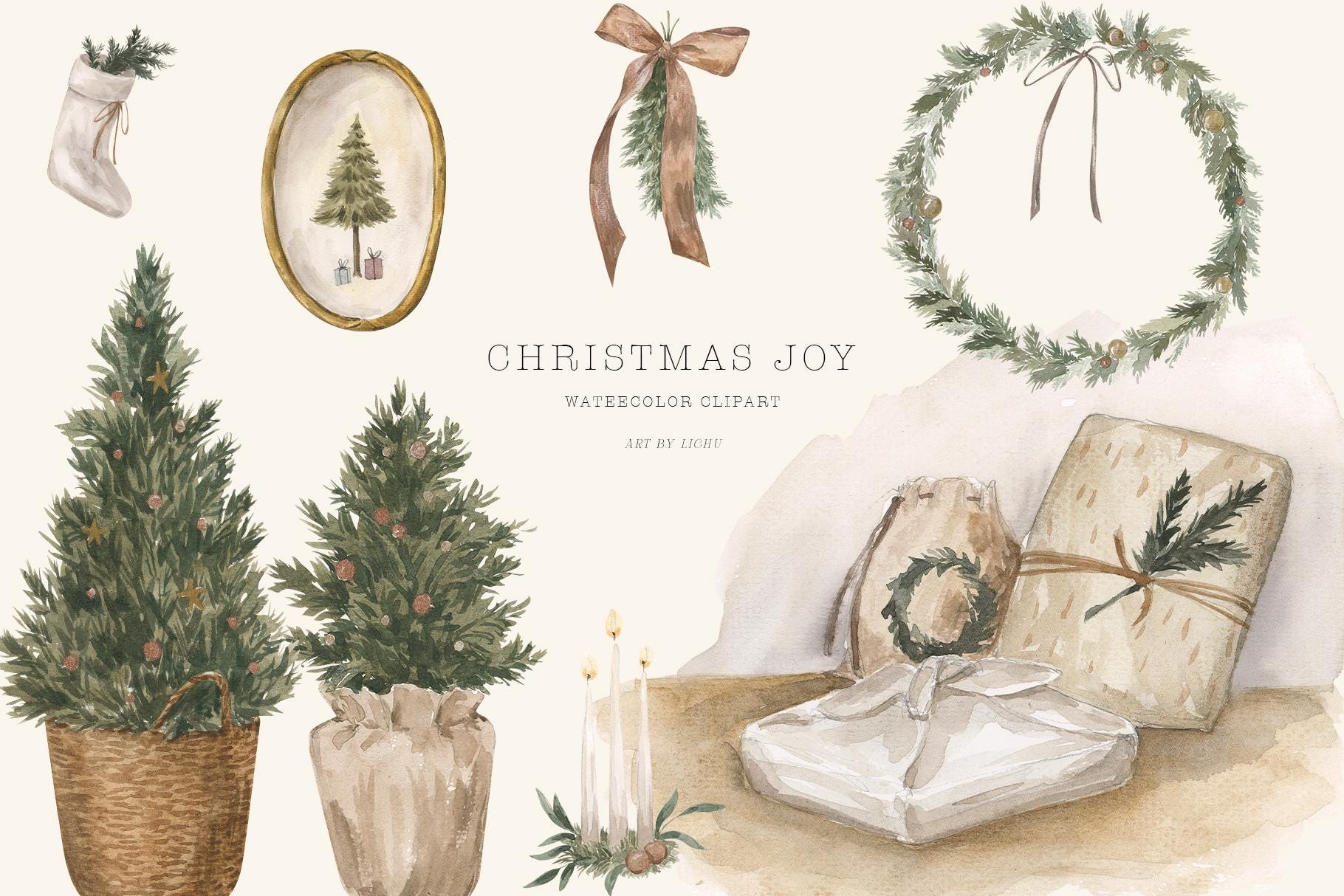Christmas Joy Watercolor Clipart - Festive Wreath, Gifts, Stockings ...