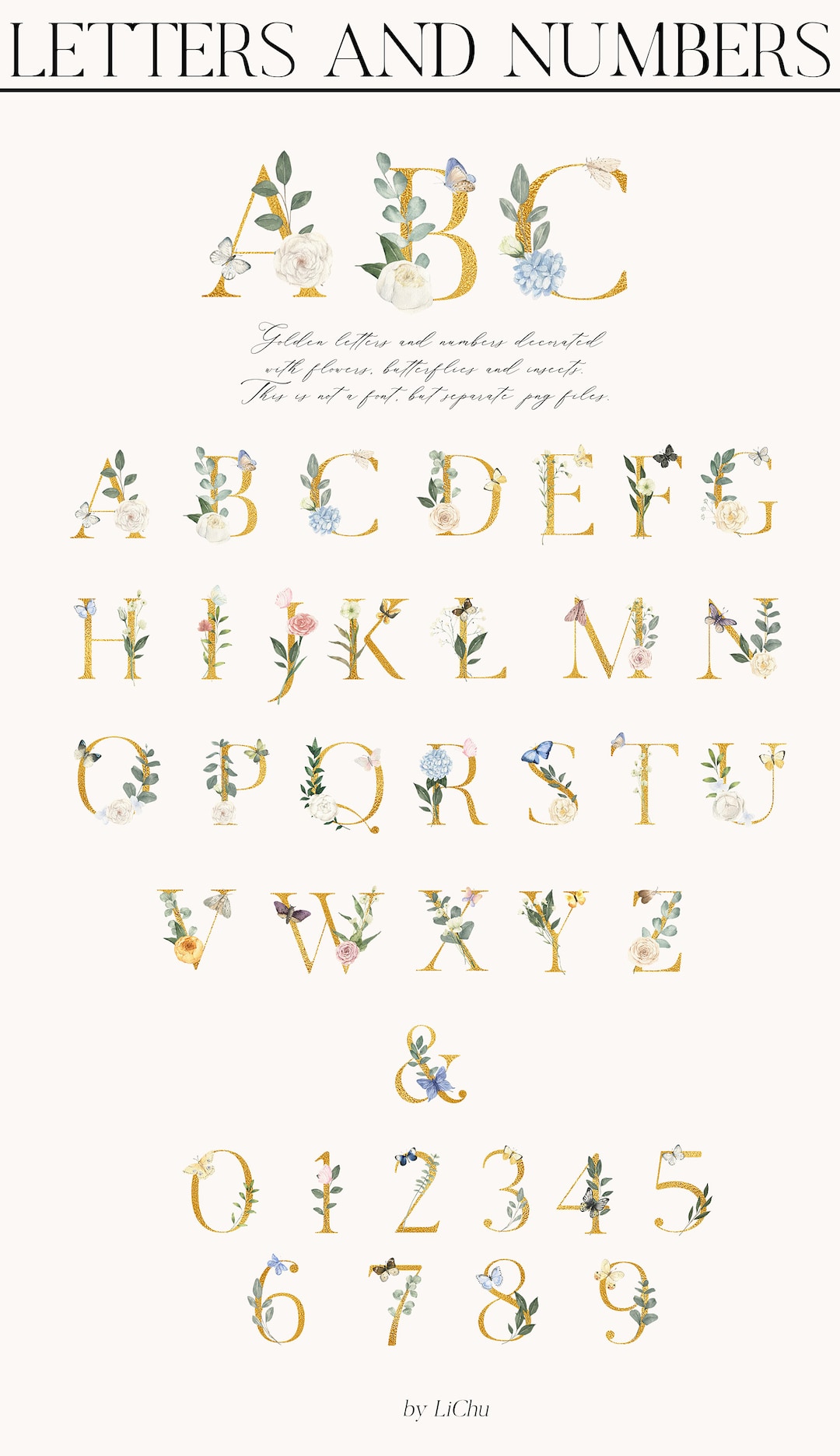 Alphabet Watercolor Floral Gold Typography Wedding Letters and Number ...