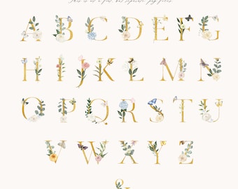 Alphabet Watercolor Floral Gold Typography Wedding Letters and | Etsy UK