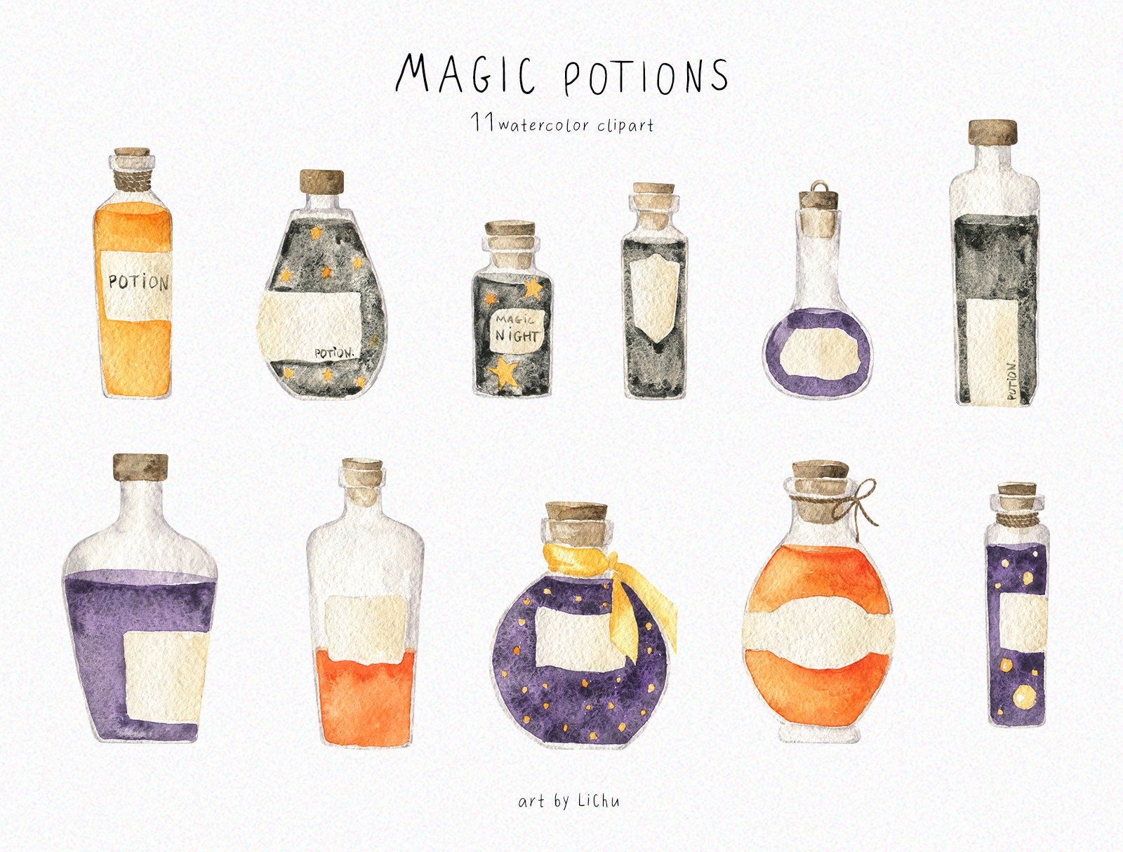 Watercolor Halloween Clipart Magic Potion Bottles Cute Witch - Etsy