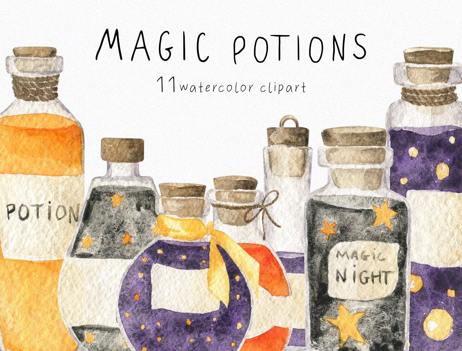Watercolor Halloween Clipart Magic Potion Bottles Cute Witch - Etsy