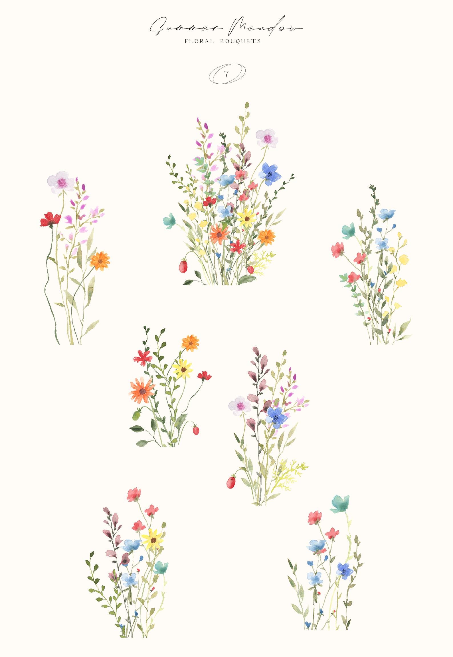 Summer Meadow Watercolor Clipart - Village Clipart - Wild Flowers ...