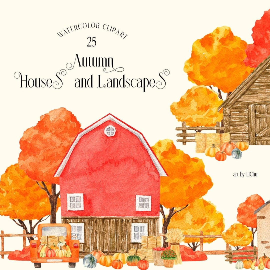 House Watercolor Autumn Clipart Cottage Village Barn Farm Pumpkin Truck ...