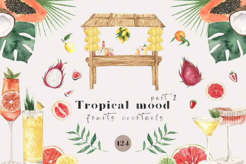 Watercolor Tropical Fruit Cocktail Clipart Citrus Papaya Melon - Etsy