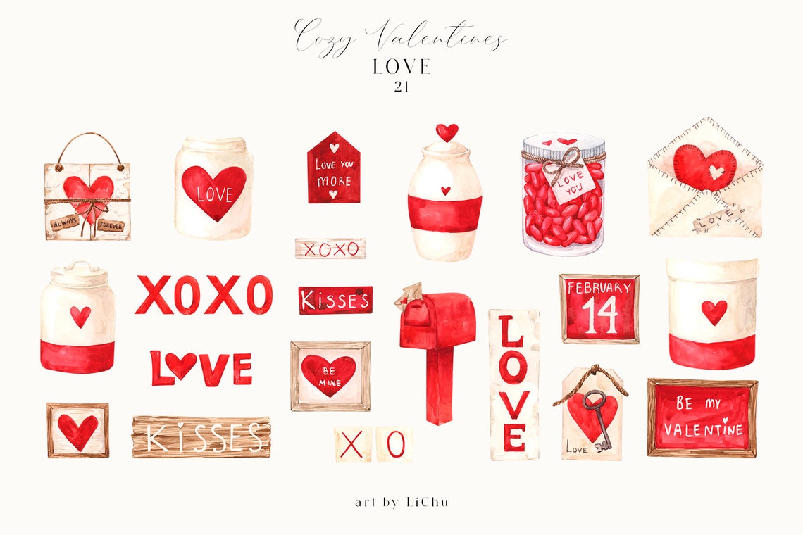 Watercolor Love Clipart Heart Valentines Day Letter Red Mail | Etsy