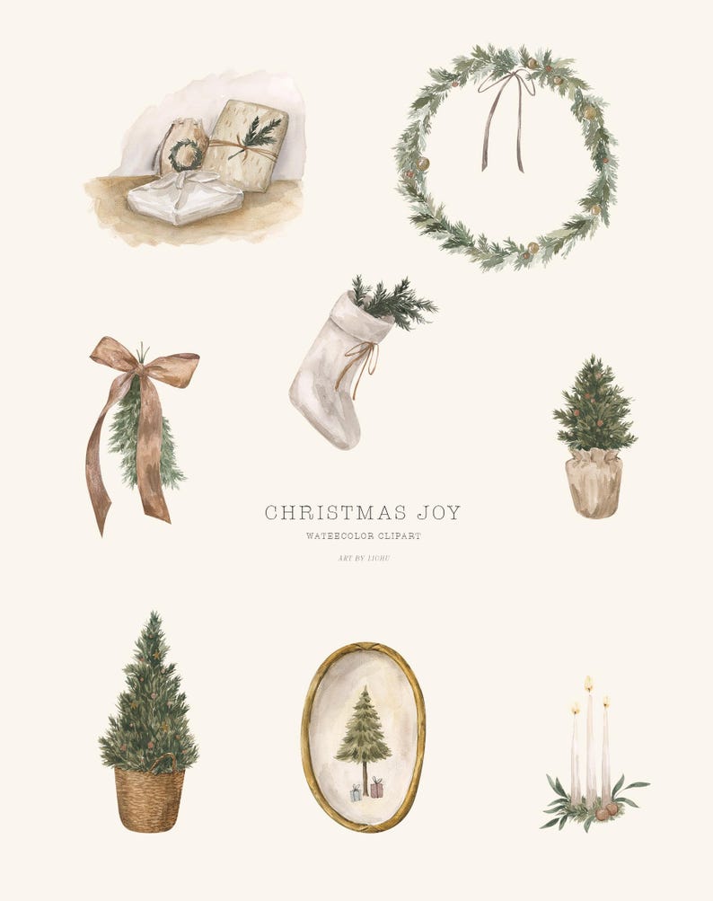 Christmas Joy Watercolor Clipart - Festive Wreath, Gifts, Stockings ...