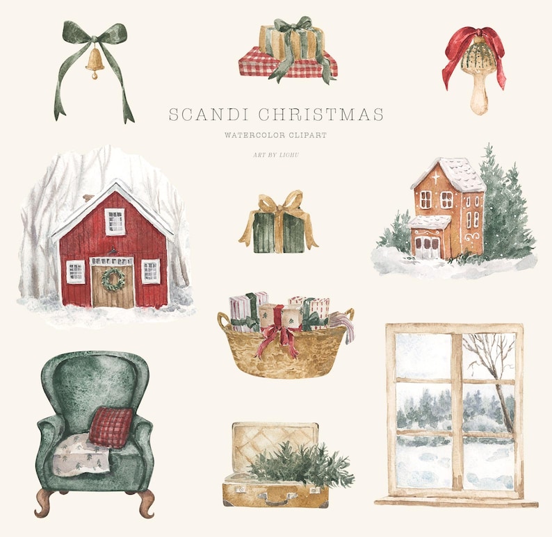 Scandi Christmas Watercolor Clipart Set – Cozy Red Holiday House ...