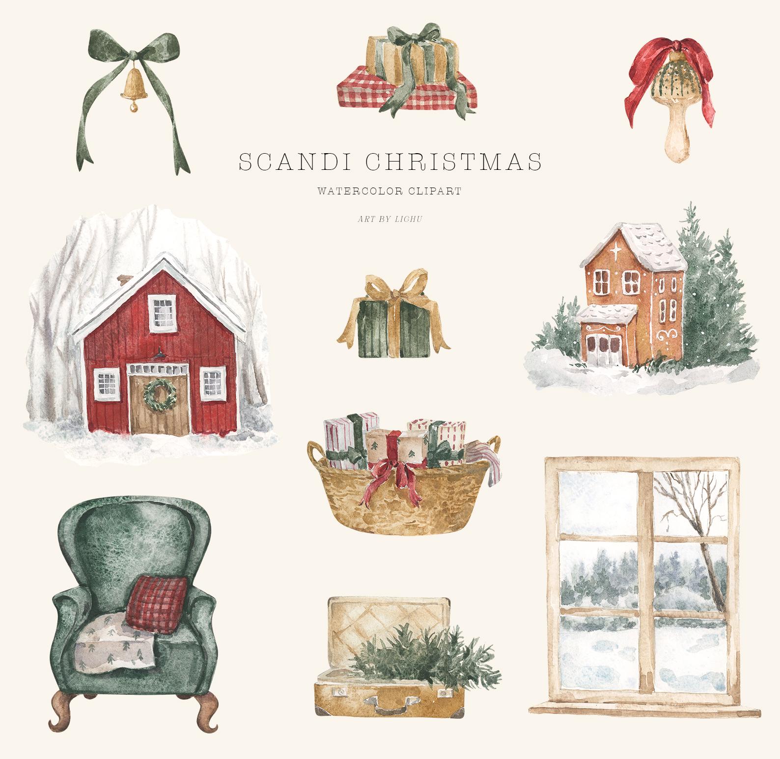 Scandi Christmas Watercolor Clipart Set – Cozy Red Holiday House ...