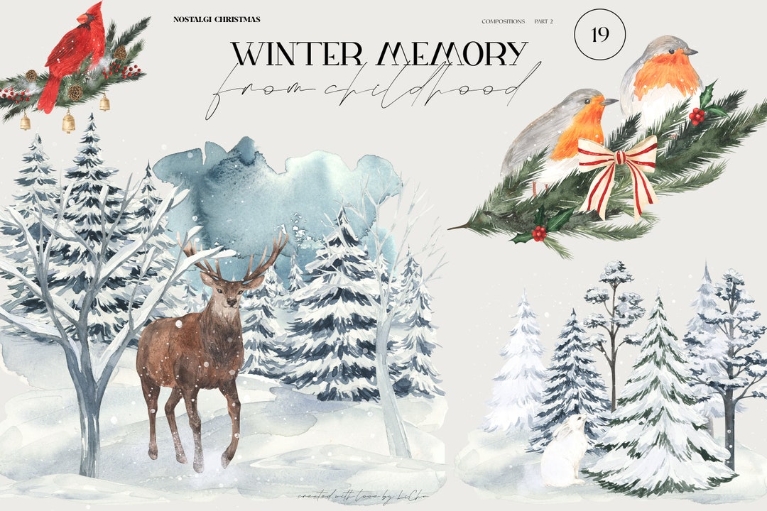 Watercolor Winter Woodland Animals Clipart Forest Landscape Birds Red ...