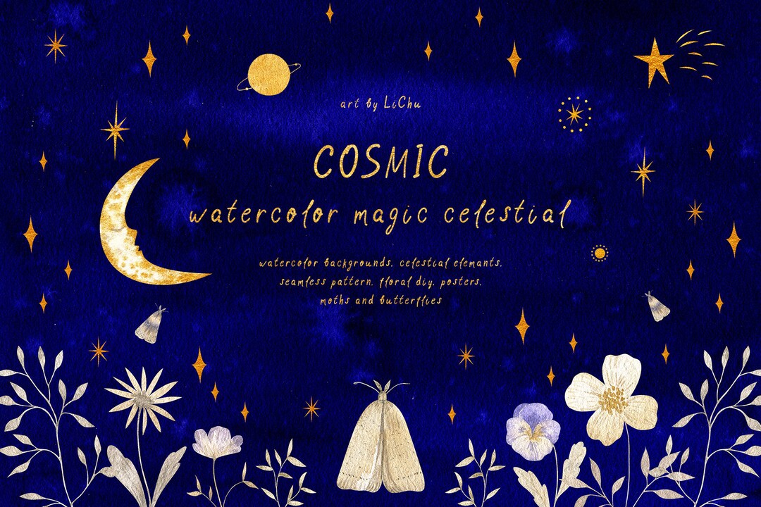 Watercolor Celestial Clipart Stars Moon Moth Butterfly Planet ...