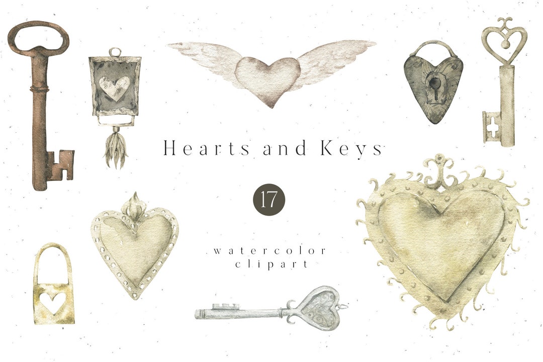 Watercolor Vintage Hearts Antique Old Keys Retro Lock Valentines Day ...