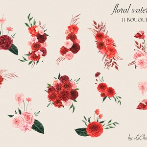 Boho Flowers Clipart Watercolor Flower Bouquet Floral Red Burgundy ...