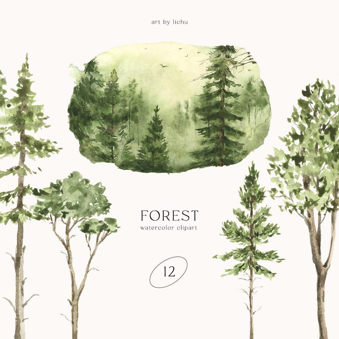 Watercolor Forest Clipart Woodland Landscape Nature Hills Foggy ...