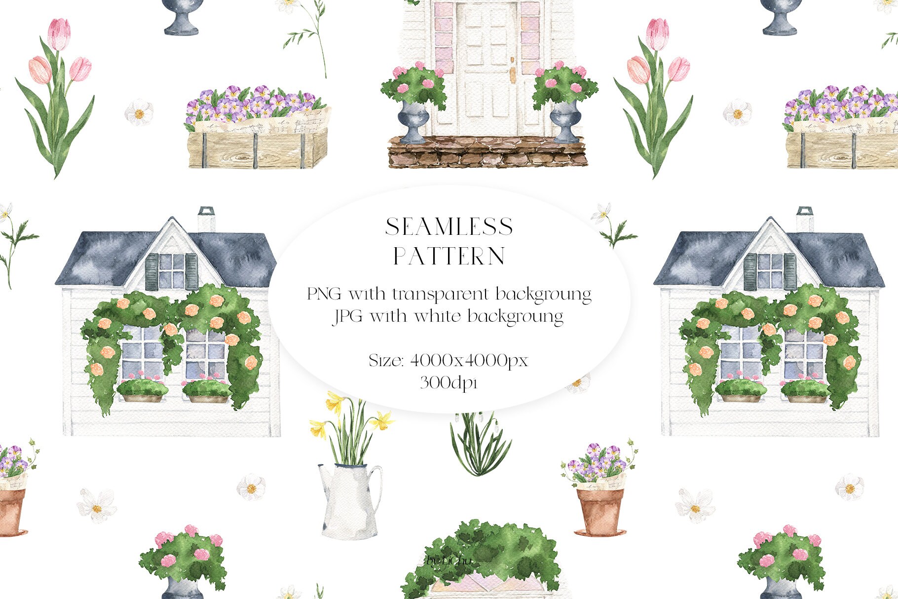 Easter Watercolor Flowers Pattern Spring Birds Bouquets | Etsy