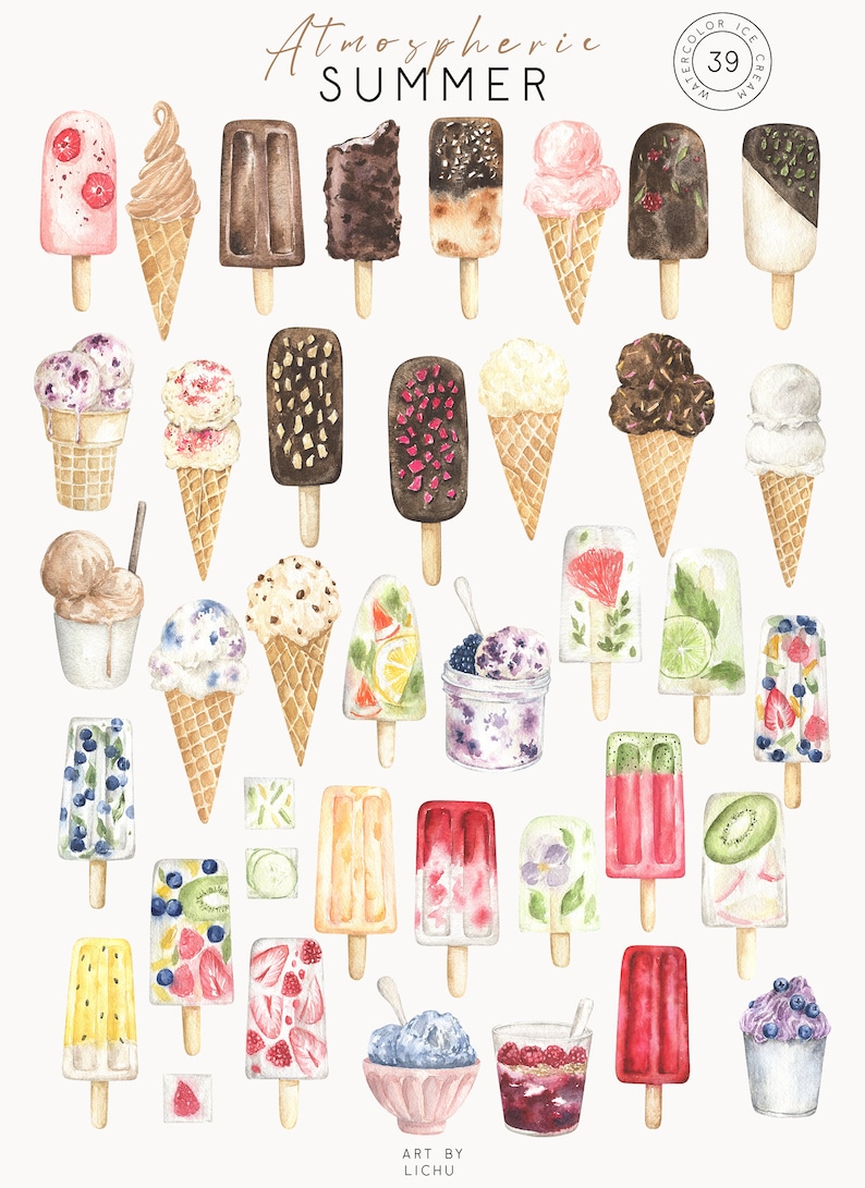 Watercolor Summer Clipart Cocktail Ice Cream Dessert Clothes Outfits ...