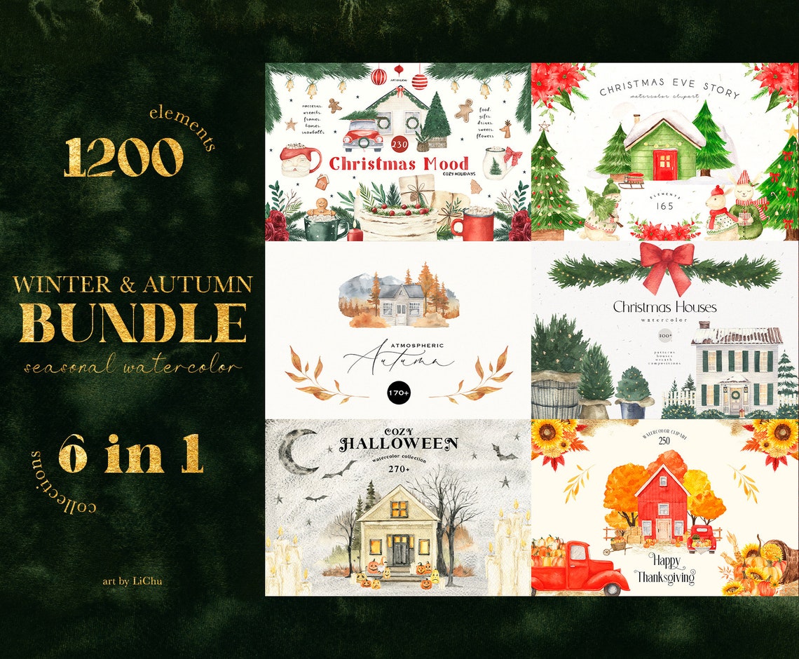 Watercolor Bundle Christmas Clipart Seasonal Winter Autumn - Etsy