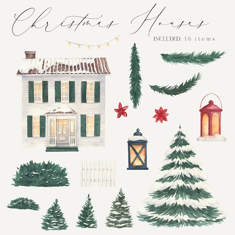 Winter Houses Christmas Watercolor Clipart Floral Wreath Christmas Tree ...