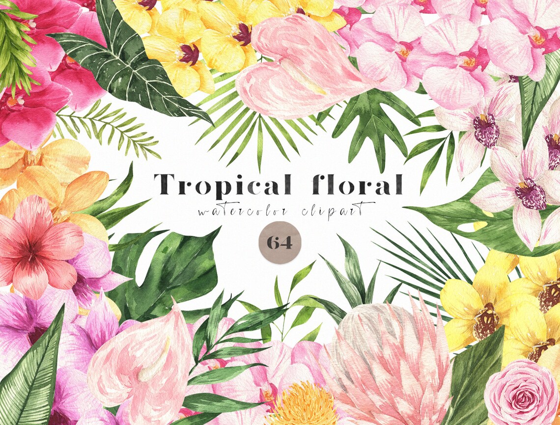 Watercolor Tropical Flowers Clipart Hawaii Floral Greenery - Etsy