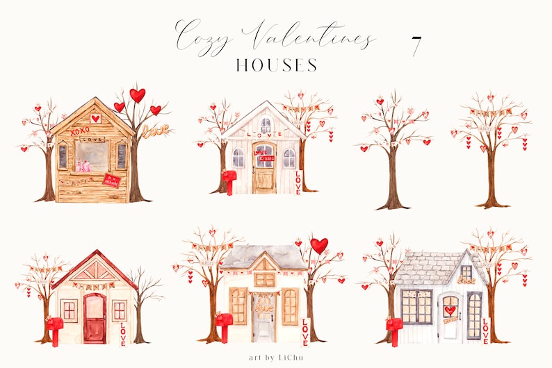 Watercolor Valentines Day House Clipart Cottages Logo Cute Housewarming ...