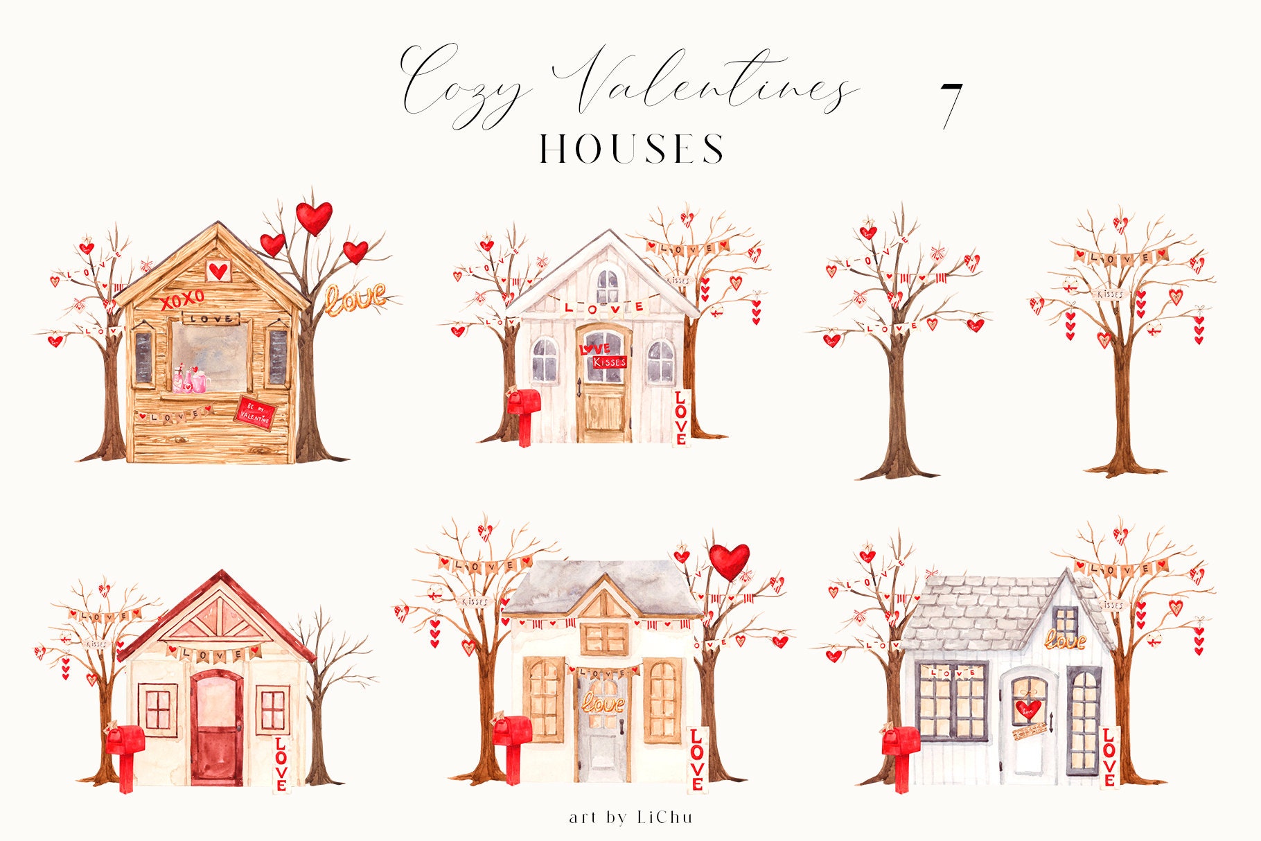 Watercolor Valentines Day House Clipart Cottages Logo Cute - Etsy