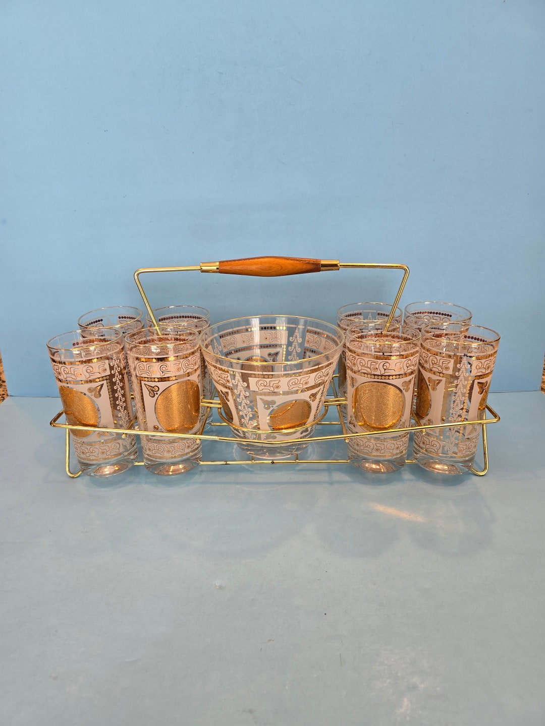 Mid Century Bar Glass Set in Rack Aztec Gold Medallion - Etsy