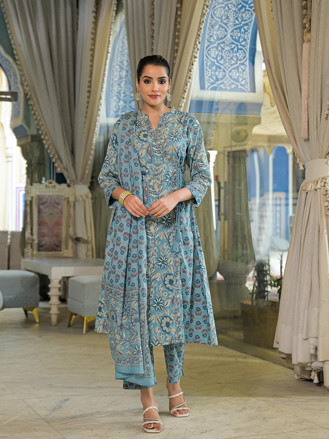 Powder Blue Hand Block Printed Cotton Anarkali Set: Indian Ethnic ...