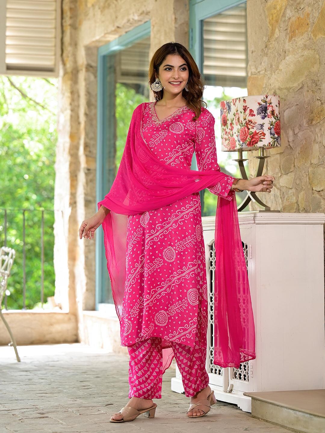 Pink Bandhani Print Pure Muslin Zari Work Suit Set With Dupatta ...