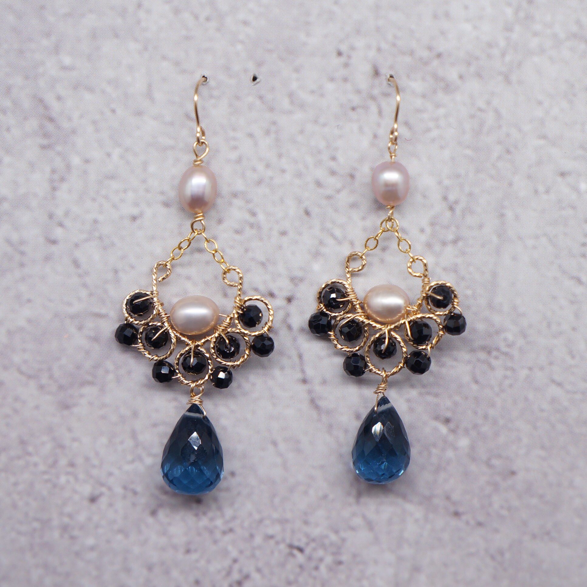 Black Spinel and Pearl Wire Wrapped Dangle Drop Earrings - Etsy