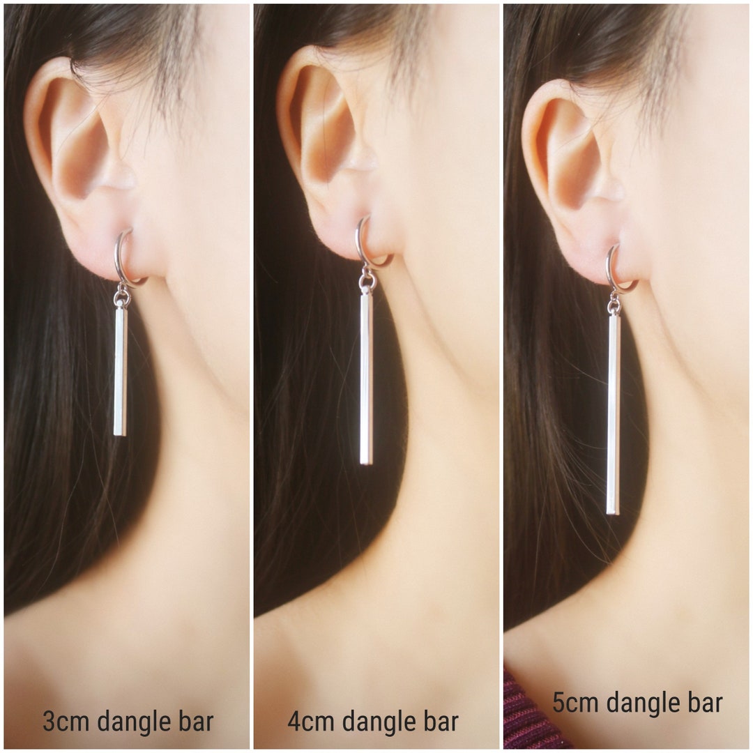 1 Pair Silver Dangle Bar Hoop Clip on Earrings, Non Pierced Earrings ...