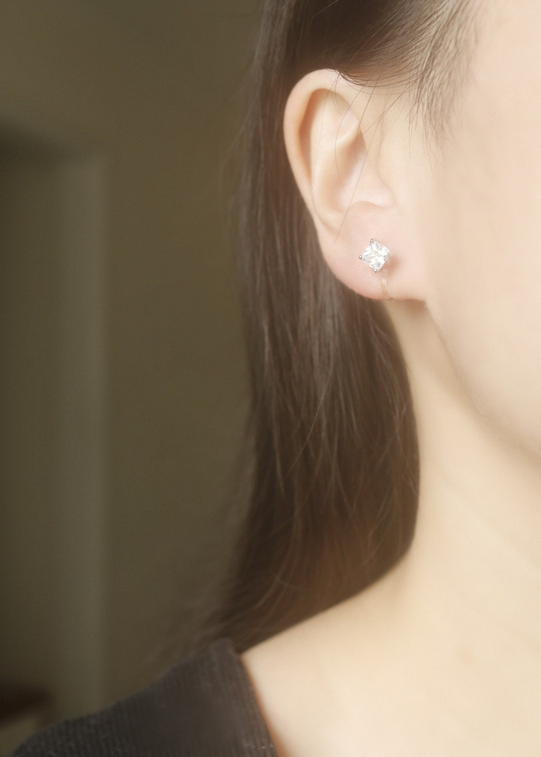 5mm Silver Square Crystal CZ Stud Invisible Resin Clip on Earrings, Non ...
