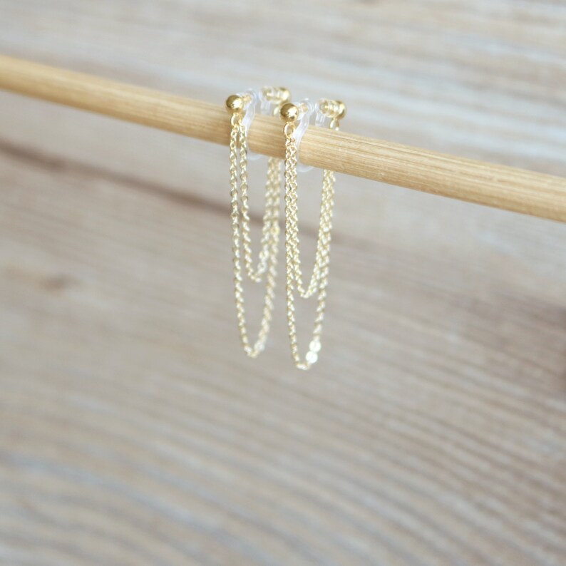 Gold Double Sided Double Chains Invisible Resin Clip on Earrings, Non ...
