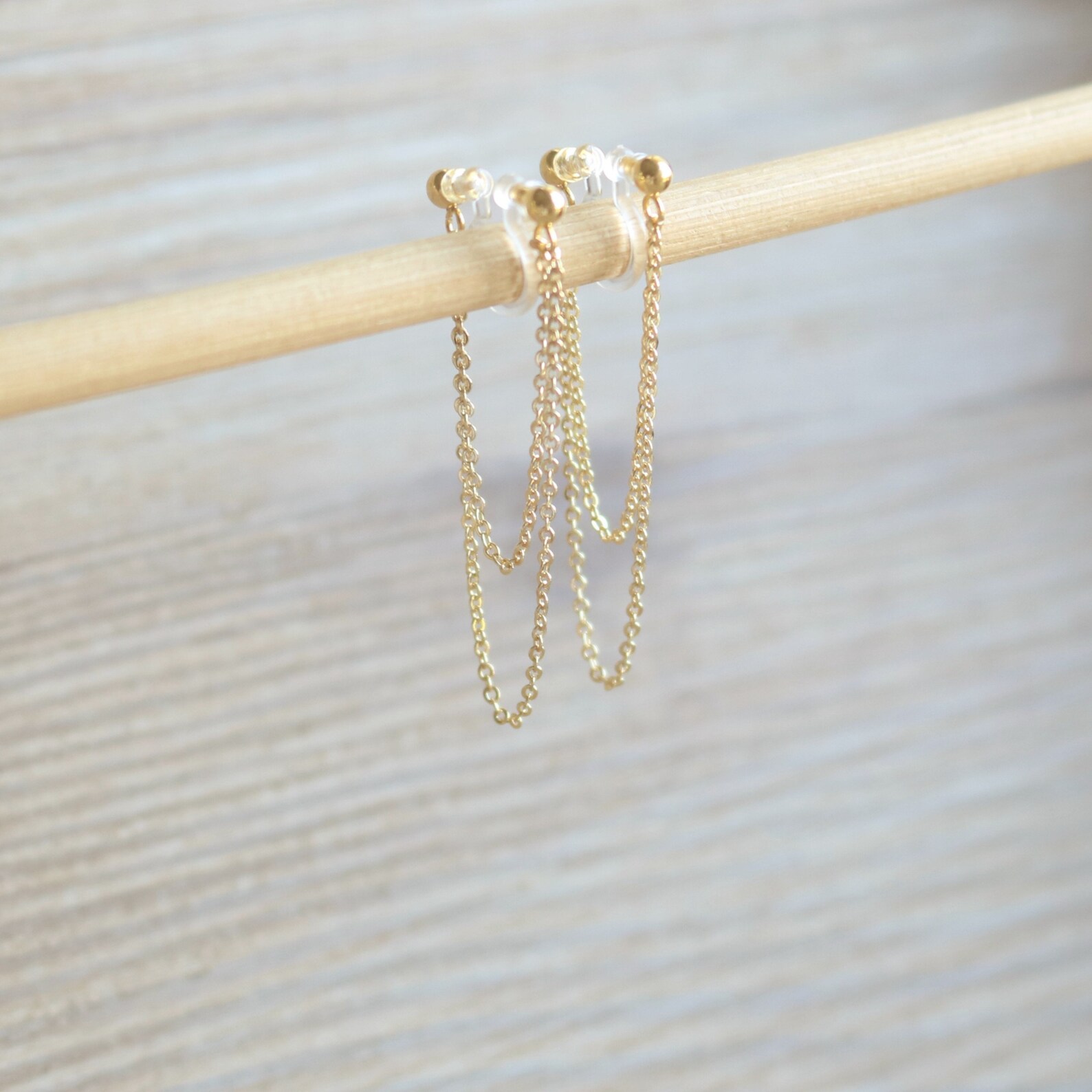 Gold Double Sided Double Chains Invisible Resin Clip on Earrings, Non ...