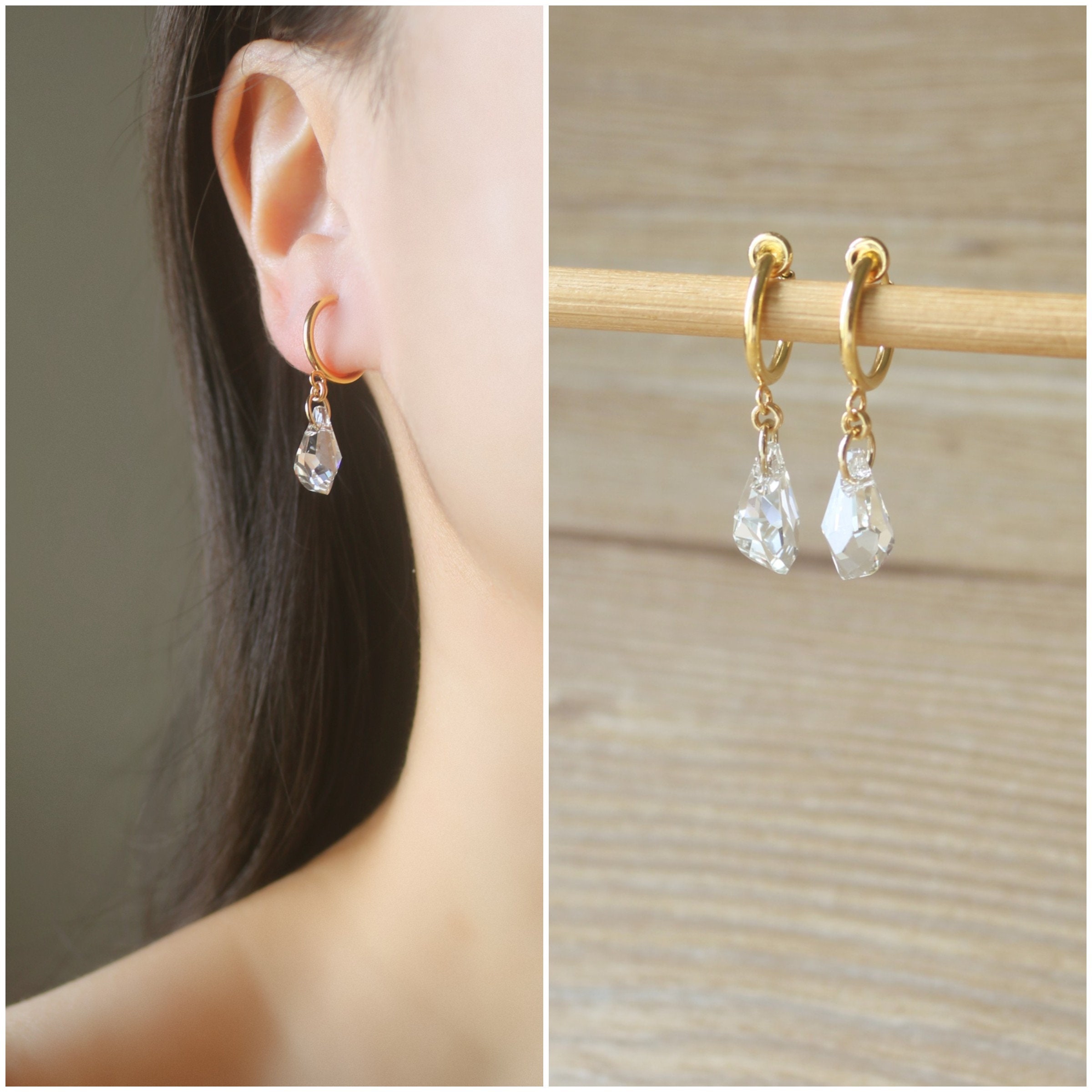 Swarovski Crystal Gold Hoop Clip on Earrings Non Pierced | Etsy