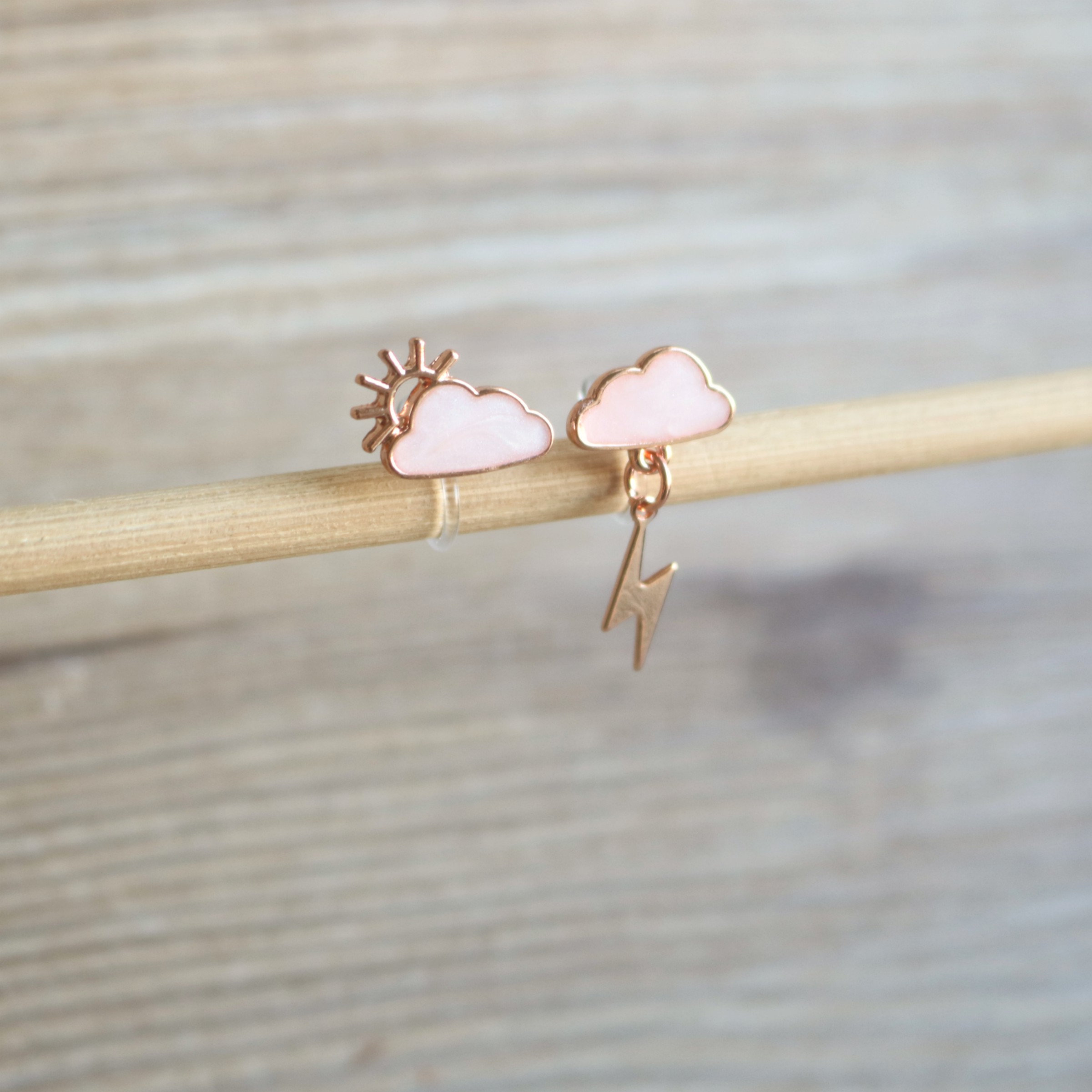 Rose Gold Cloud Sun Lightning Stud Invisible Resin Clip on - Etsy