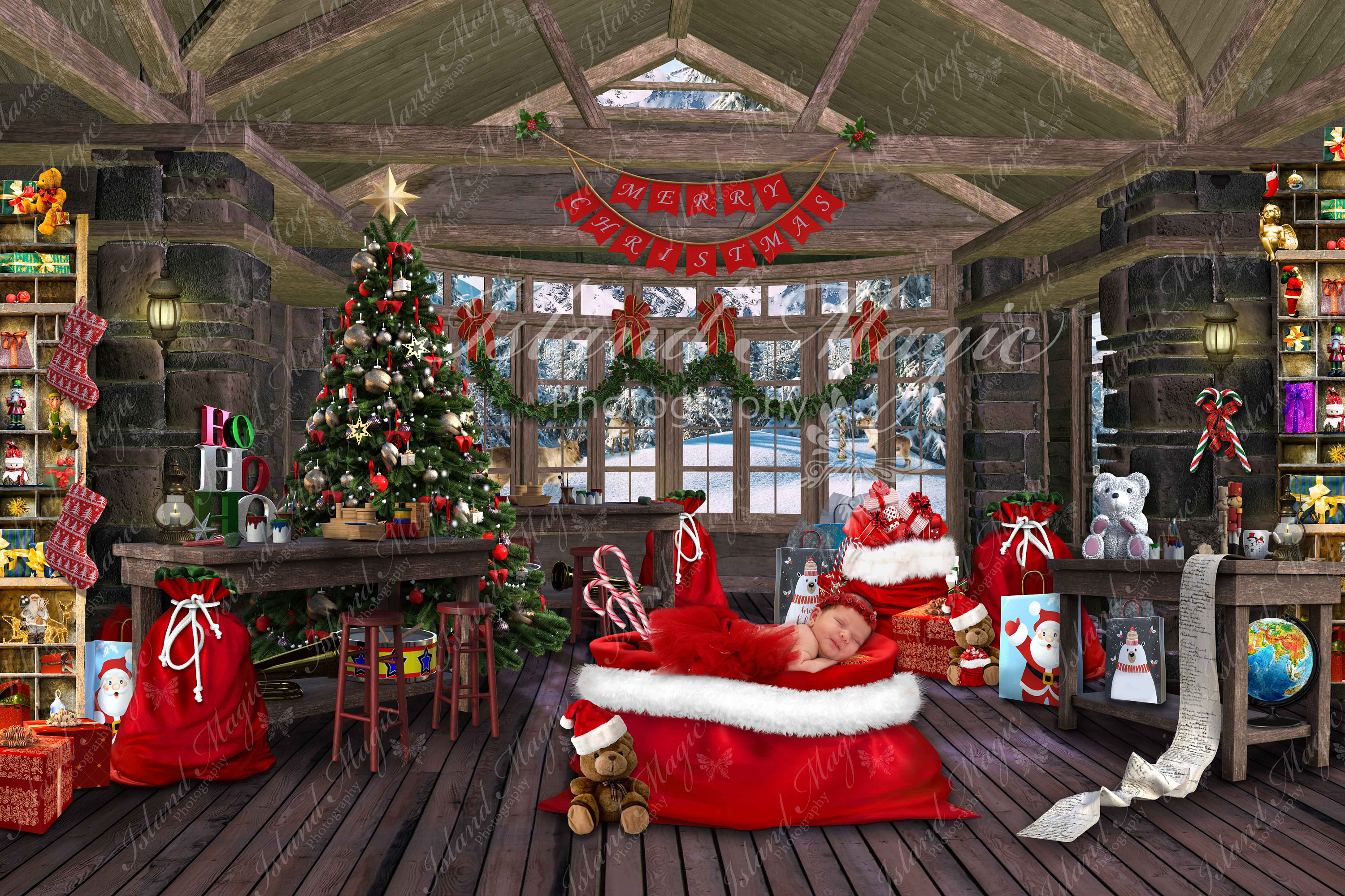 Santas Workshop With Toy Bag Seat / North Pole Digital Background ...