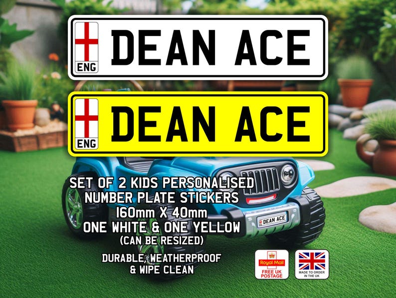 2 Number Plate Stickers for Kids Ride-on Cars & Toys - Personalised ...