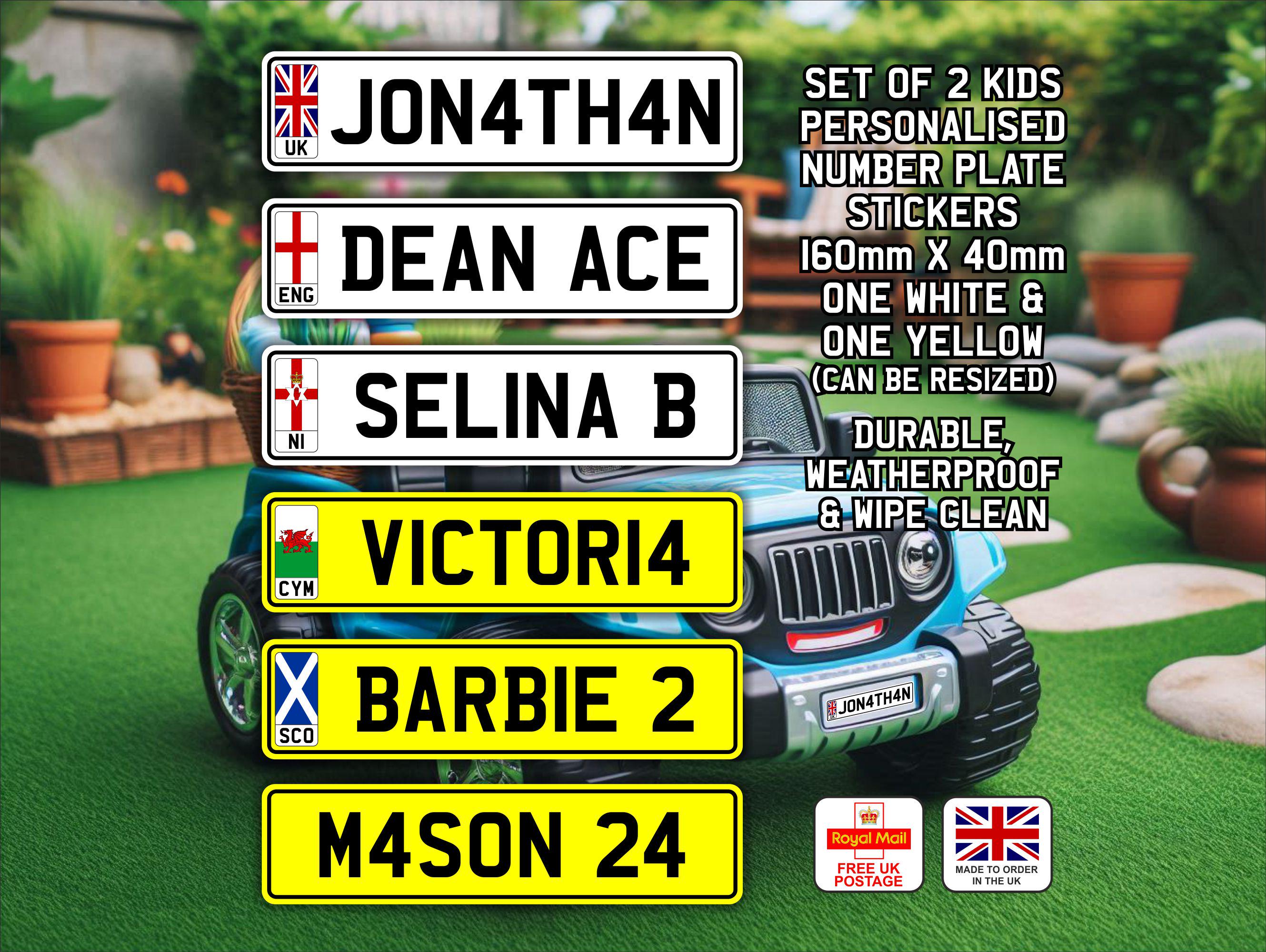 2 Number Plate Stickers for Kids Ride-on Cars & Toys - Personalised ...